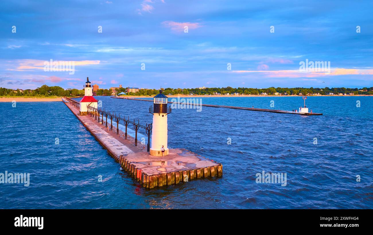 Aerial View of St. Joseph Lighthouse Pier and Sandy Beach at Golden ...