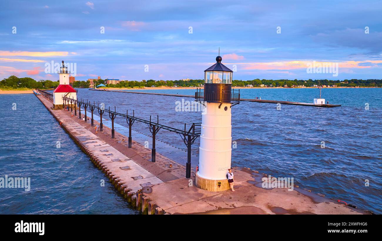 Aerial of St. Joseph Lighthouses and Pier at Golden Hour Stock Photo ...