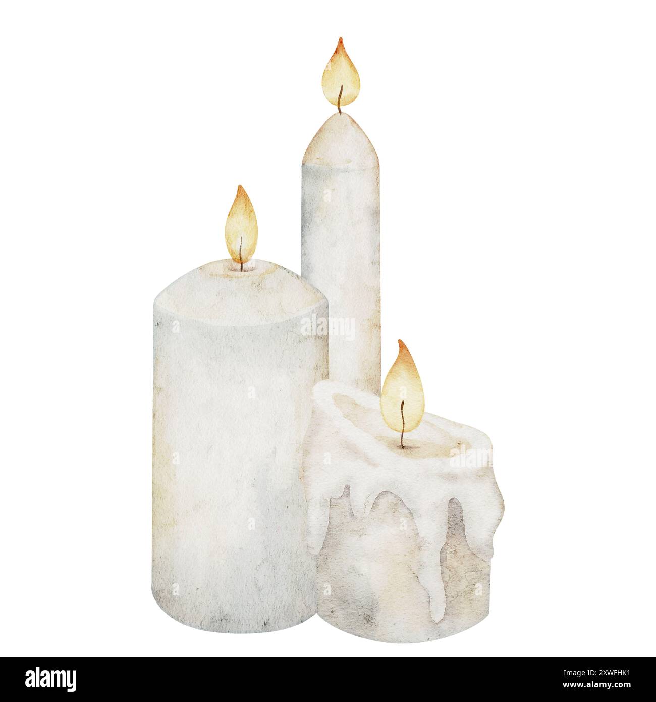 Watercolor illustration of white candles. Drawing with candlelight on ...