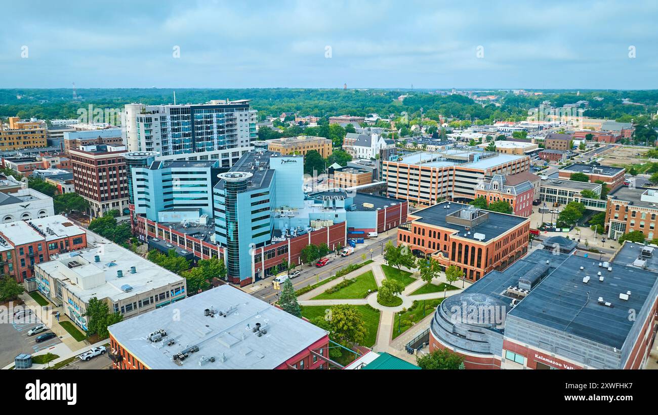 Aerial View of Downtown Kalamazoo Michigan with Modern and Historic ...