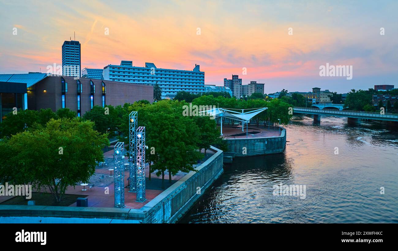 Aerial River Lights Plaza at Sunset with Modern Buildings in South Bend ...