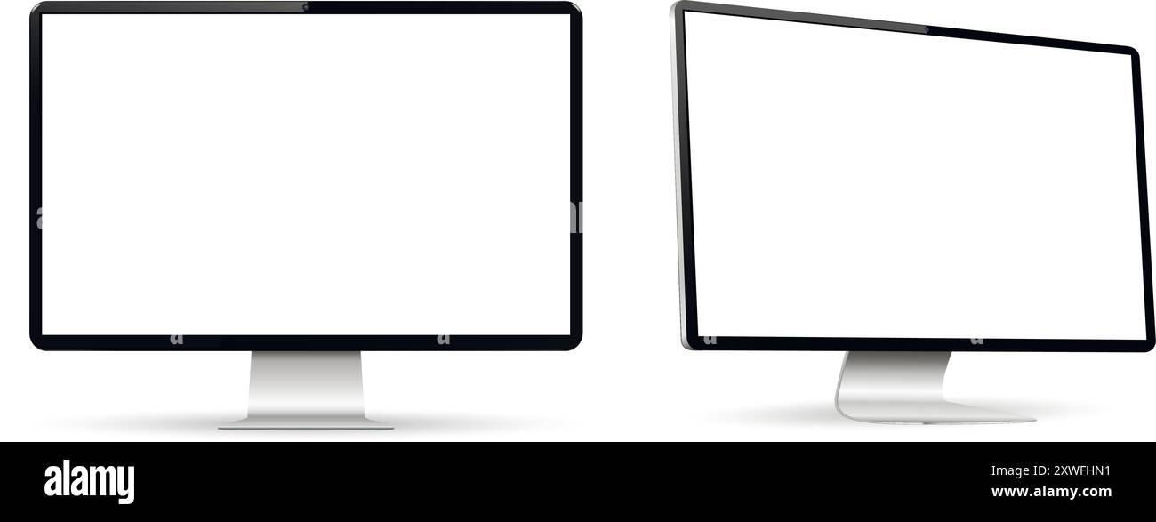Realistic computer screen mockup. Computer display on two sides with blank screen. Vector ...