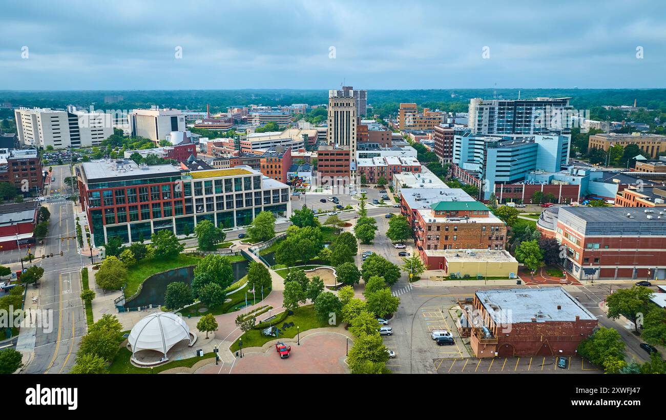 Aerial View of Downtown Kalamazoo with Urban Park and Business District ...