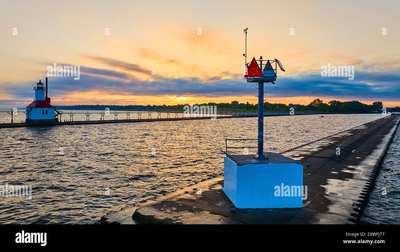 Aerial View of Lighthouse at Golden Hour on Lake Michigan Stock Photo ...