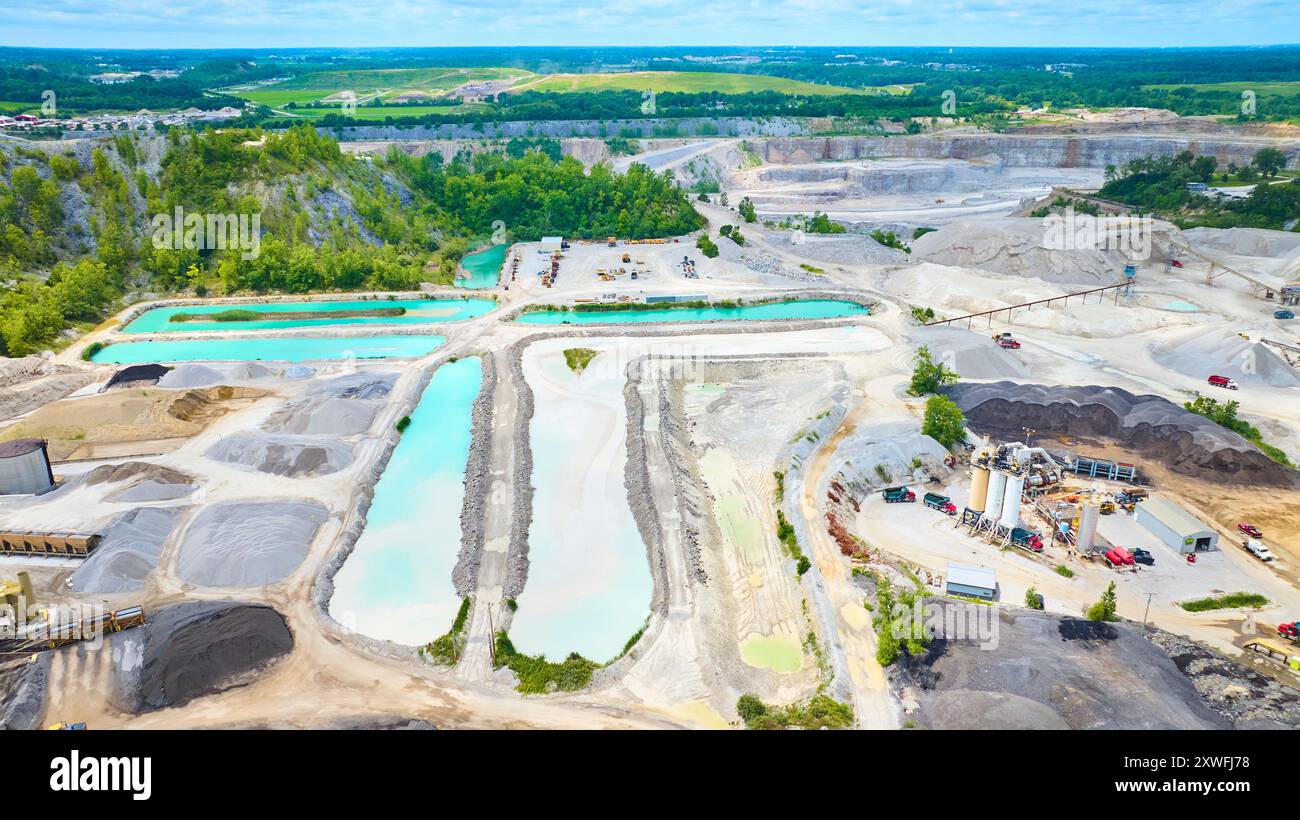 Aerial View of Industrial Quarry with Turquoise Pits and Machinery ...