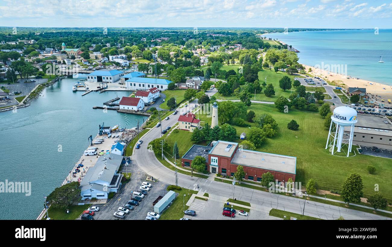 Aerial View of Kenosha Harbor and Lighthouse on Lake Michigan Stock ...