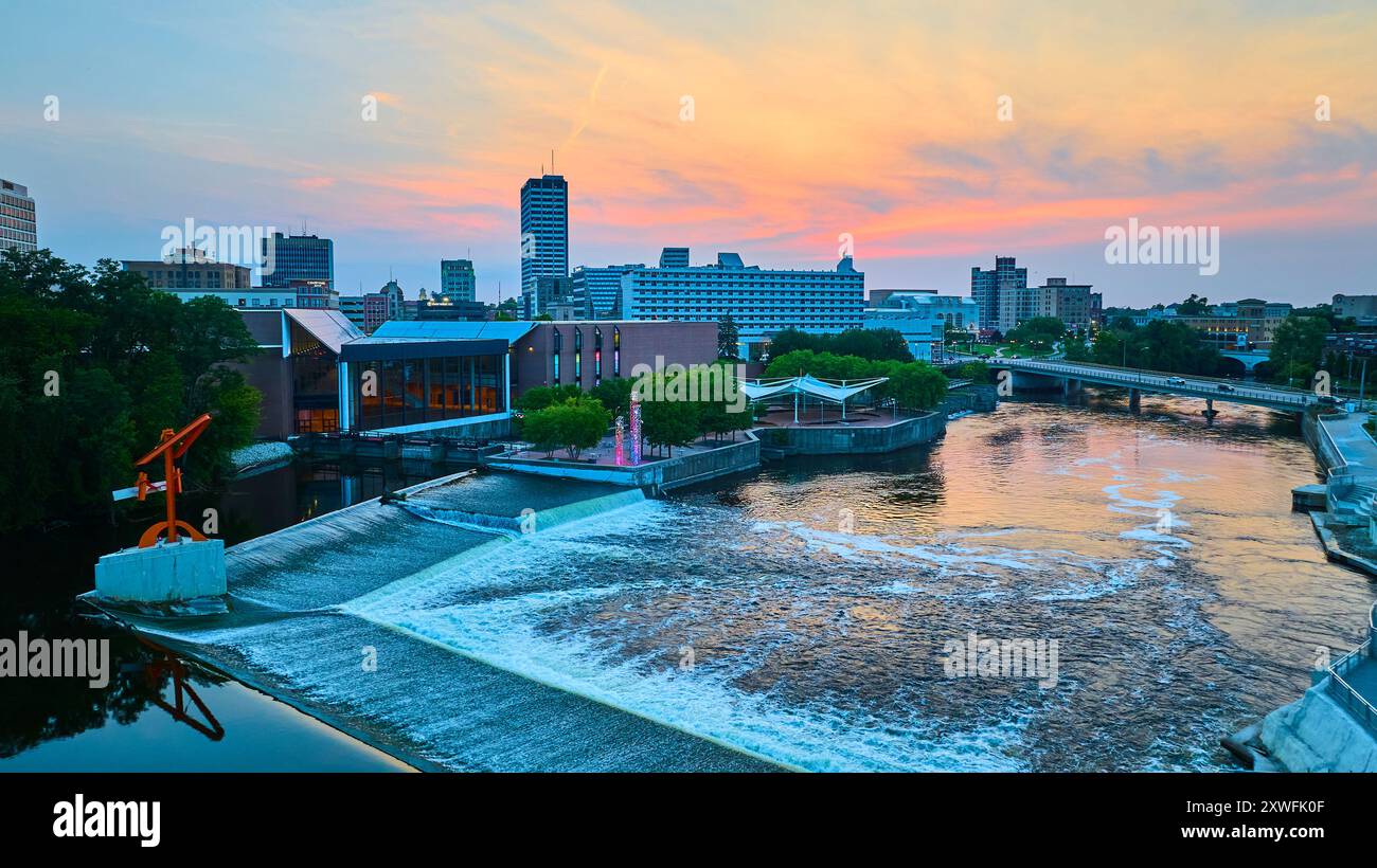 Aerial Downtown South Bend Riverfront at Sunset with Orange Sculpture ...