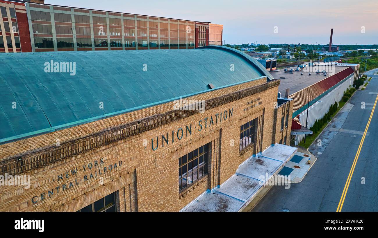 Aerial View of Historic Union Station and Modern Downtown South Bend ...