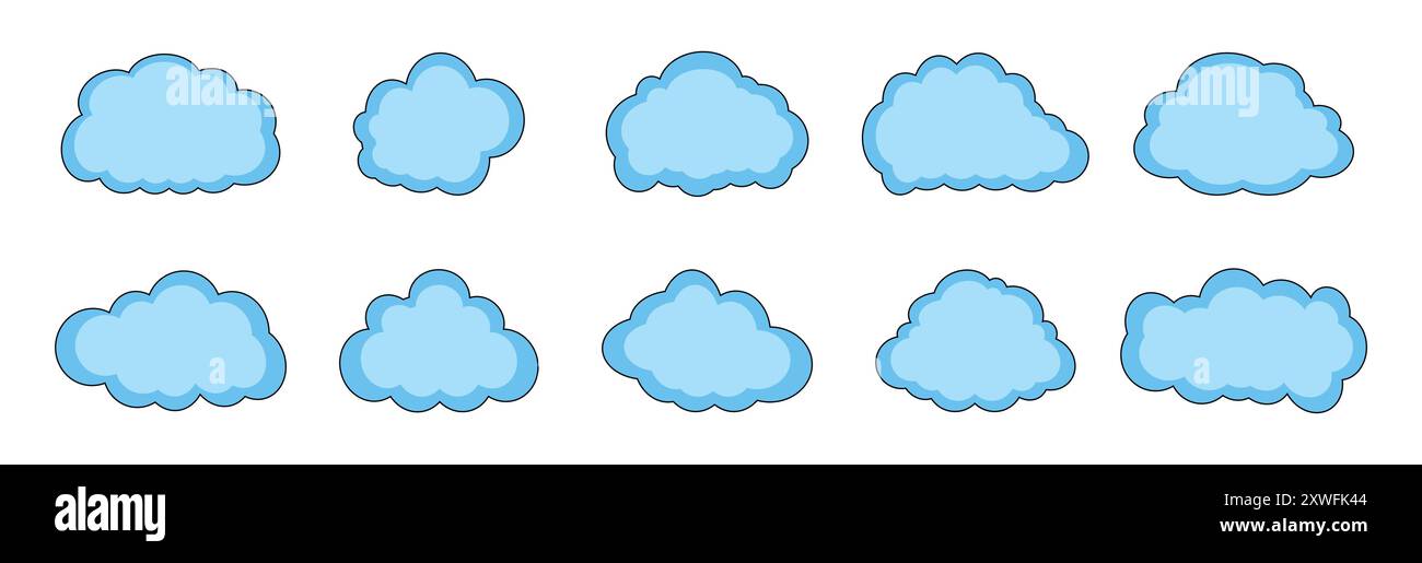 Set of clouds in different shapes in blue color on white background ...