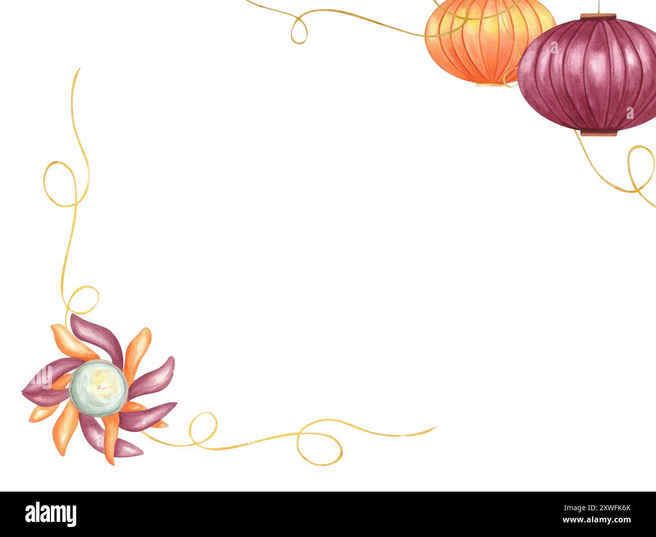 Diwali Diya lamp, lanterns and gold ribbons watercolor illustration ...