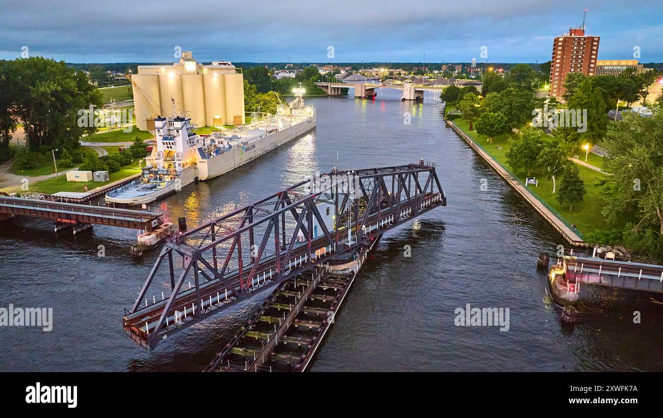 Aerial View of Cargo Ship and Swing Bridge Over St. Joseph River at ...