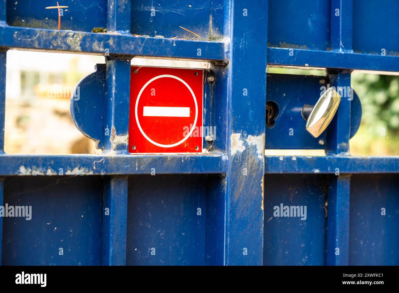 Rustic Blue Metal Gate with No Entry Sign and Weathered Look Stock ...