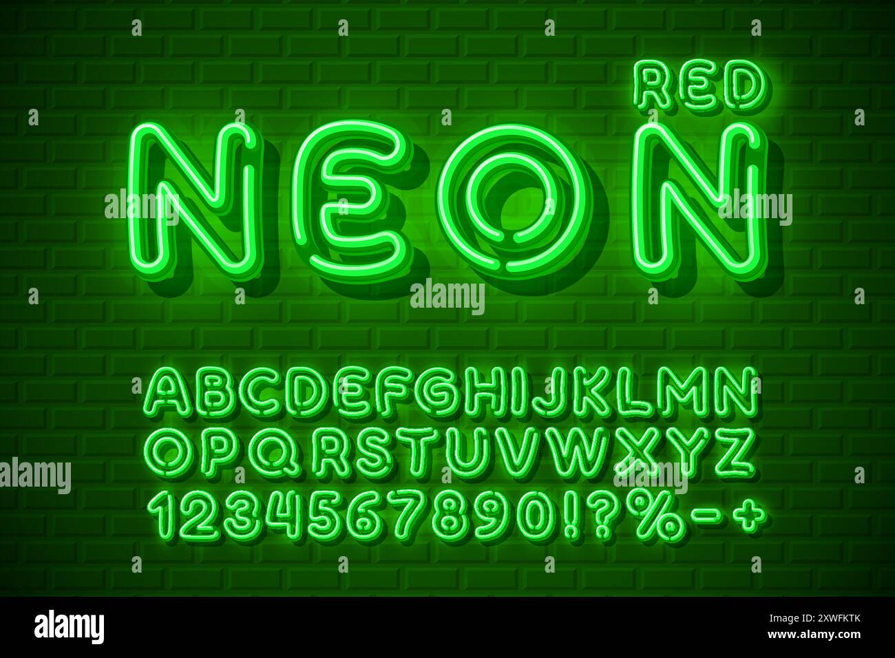 Neon city color green font. English alphabet and numbers sign. Vector ...