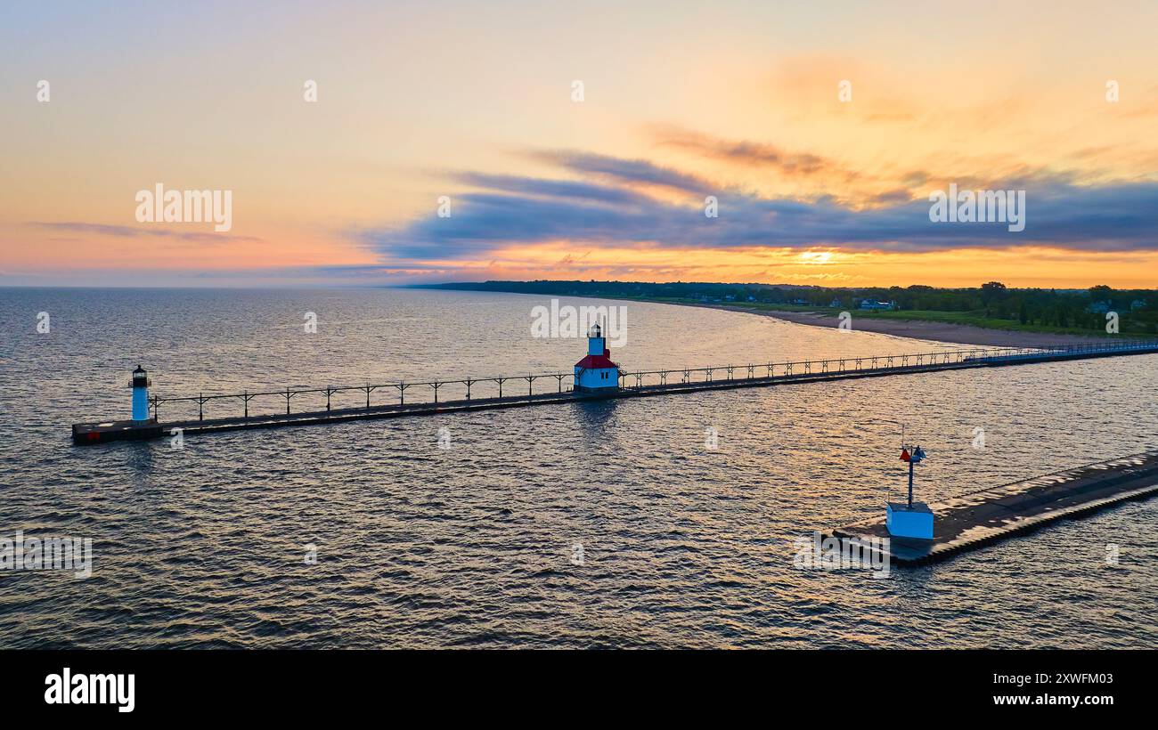Aerial View of Twin Lighthouses on Pier at Sunset Stock Photo - Alamy