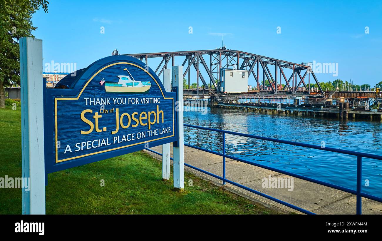 St. Joseph River Iron Bridge and Sign Aerial Fly Through Stock Photo ...