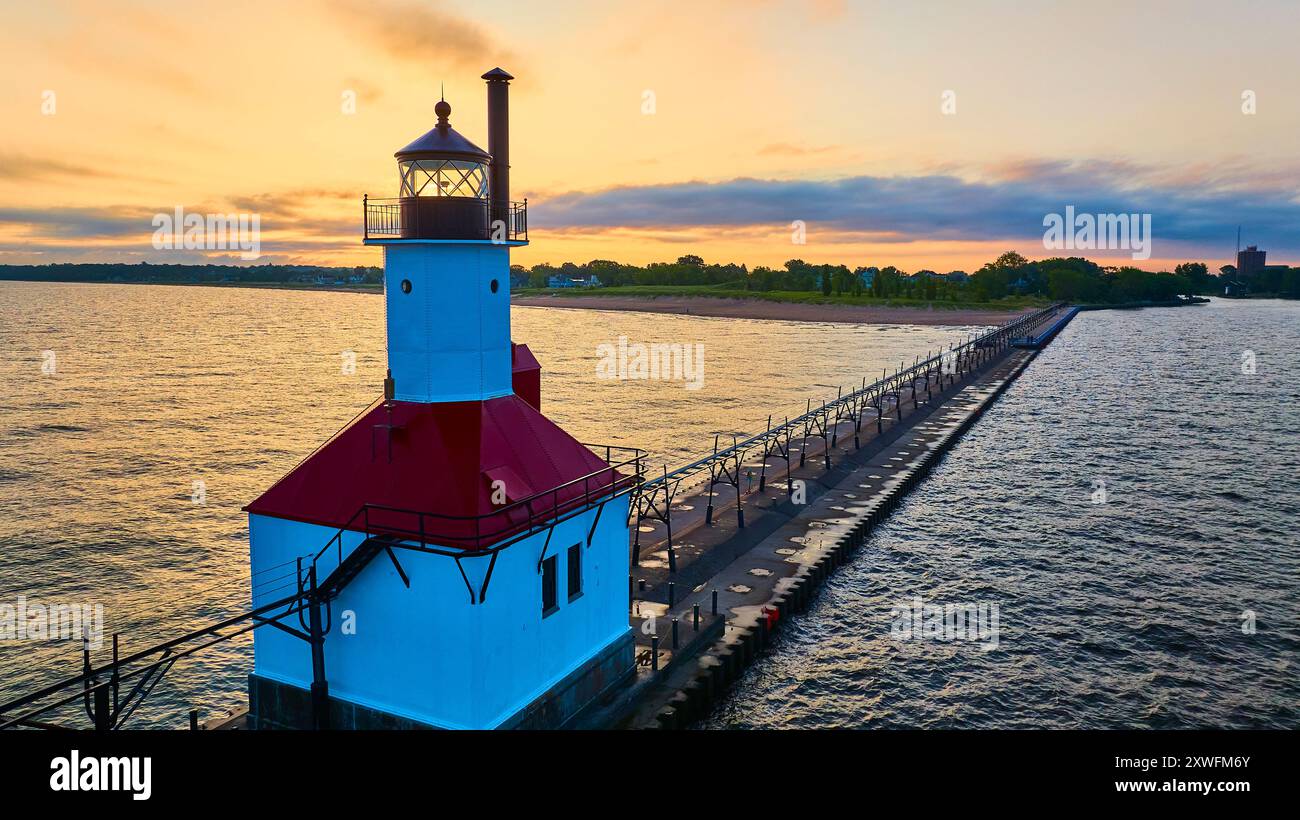 Aerial View of St. Joseph Lighthouse and Pier at Golden Hour Stock ...