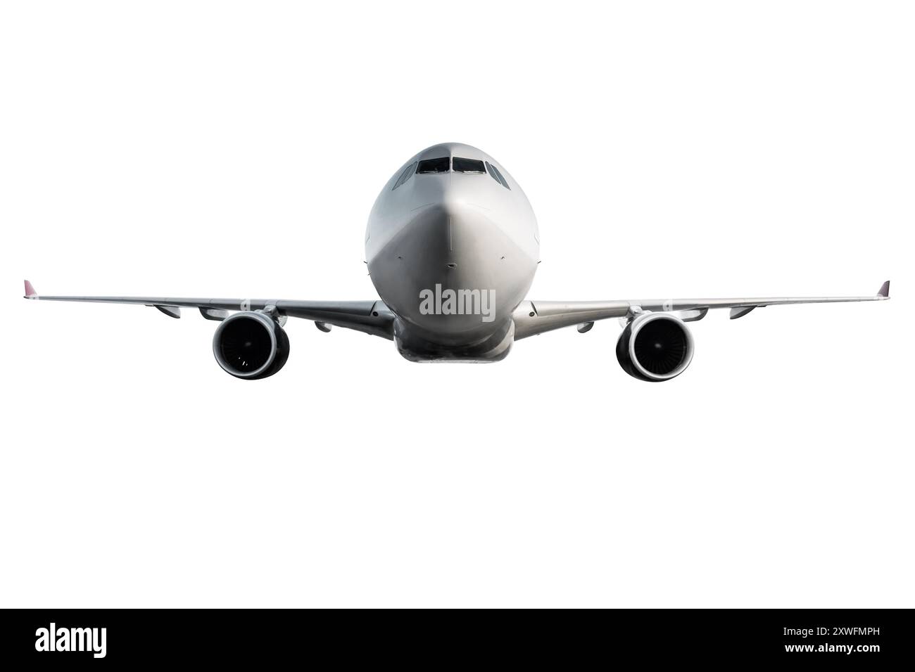 Front view of the wide body passenger jet plane fly isolated on white ...