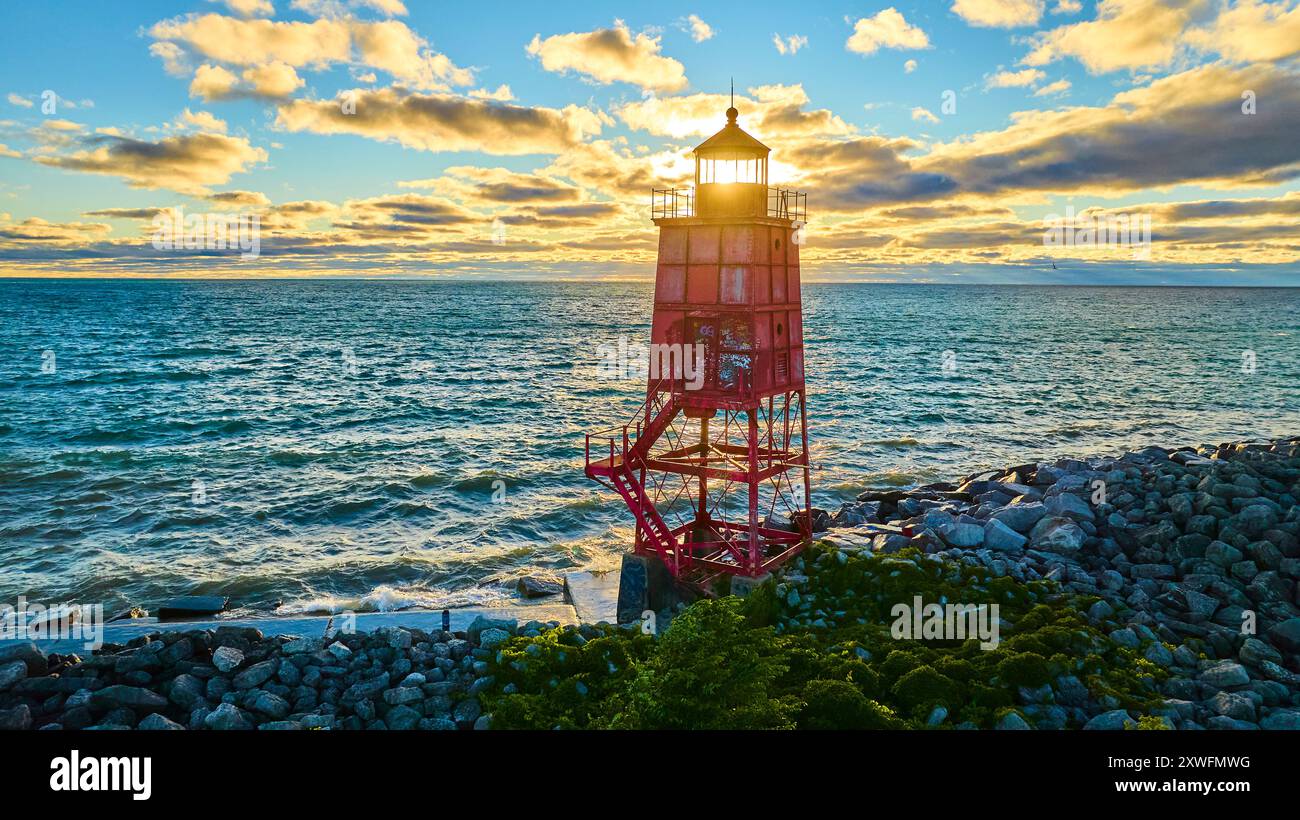 Aerial View of Red Lighthouse on Lake Michigan at Golden Hour Stock ...