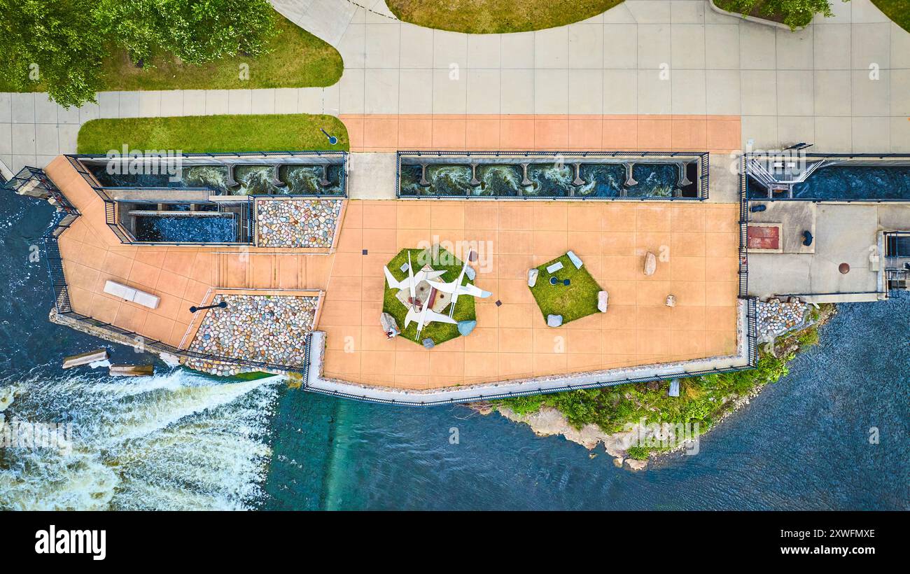 Aerial View of Urban Park with Waterway and Modern Sculptures Stock ...