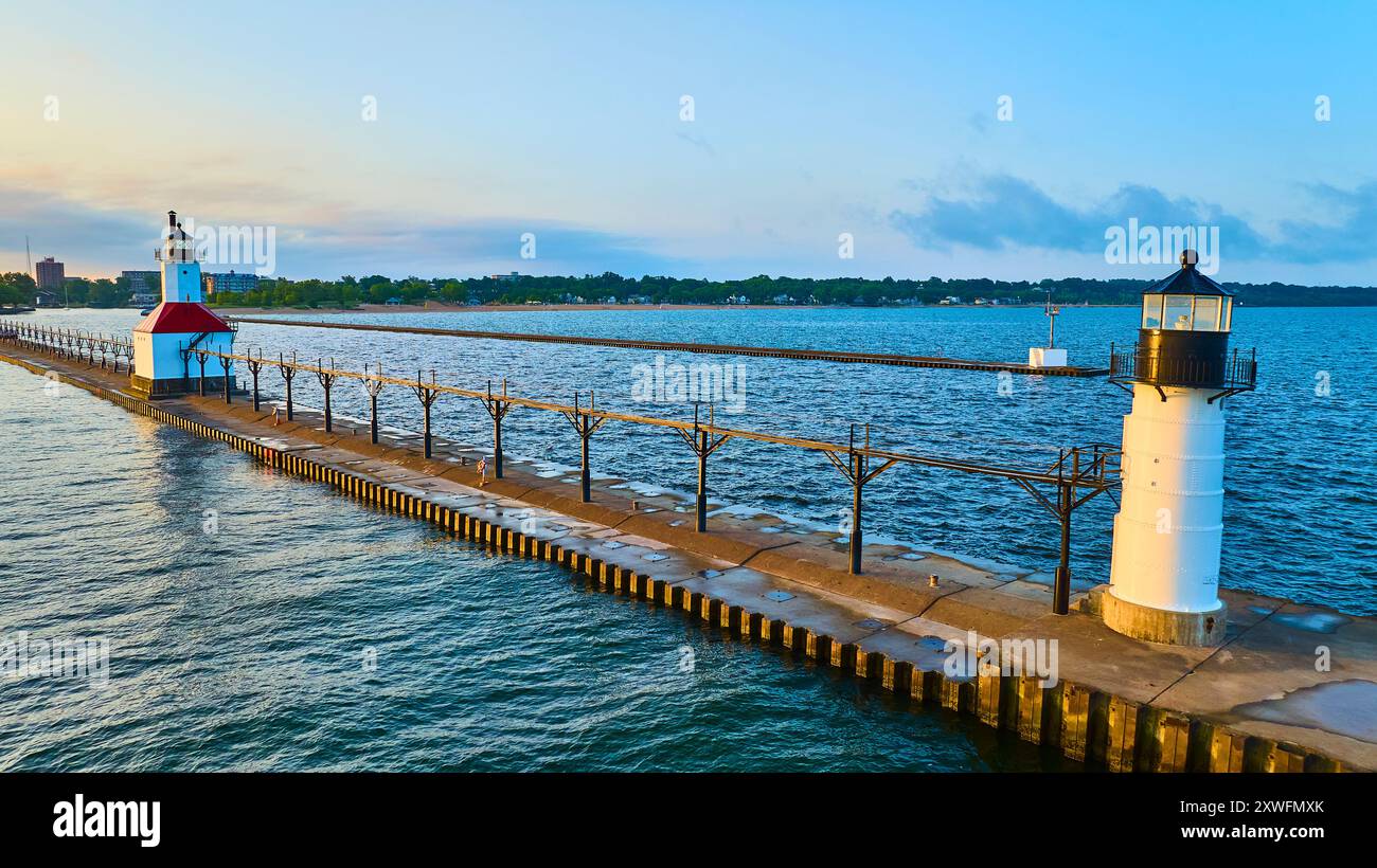 Aerial View of Twin Lighthouses and Pier at Sunrise Stock Photo - Alamy
