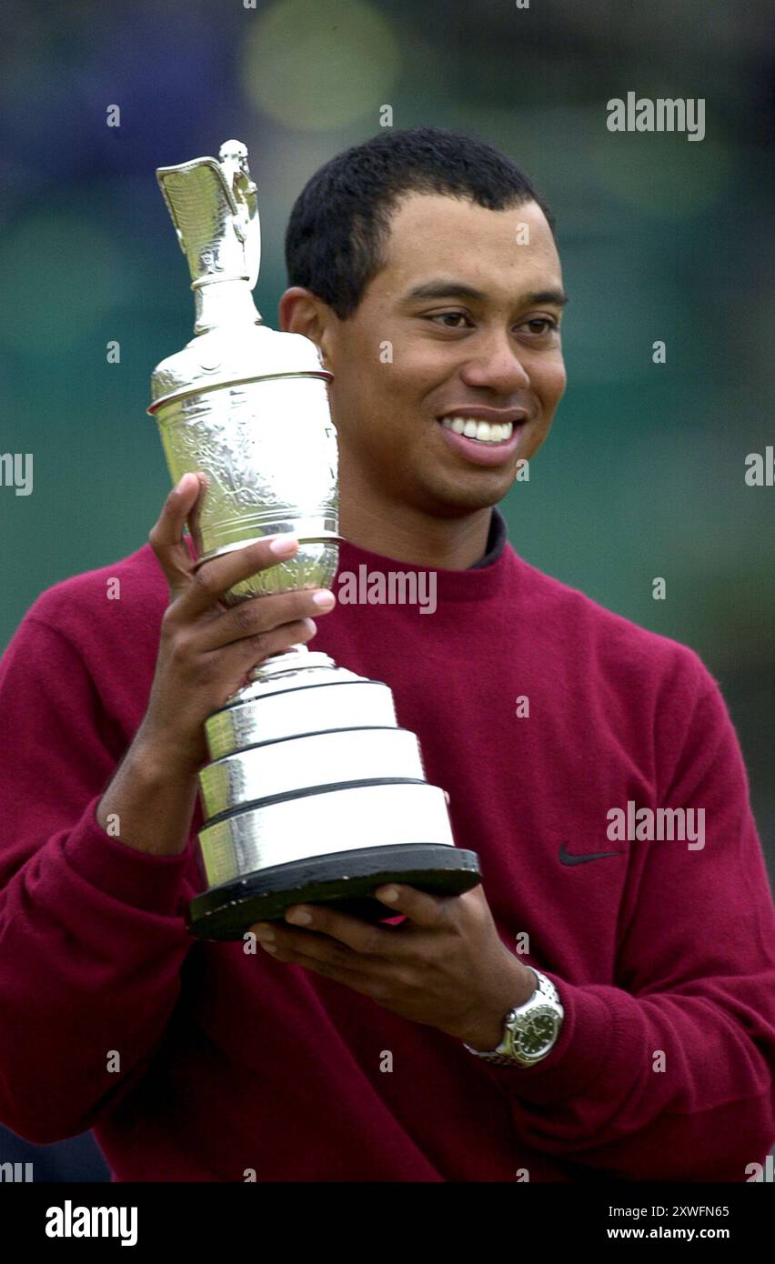 British Open golf winner Tiger Woods aged 24 with the Claret Jug at St ...