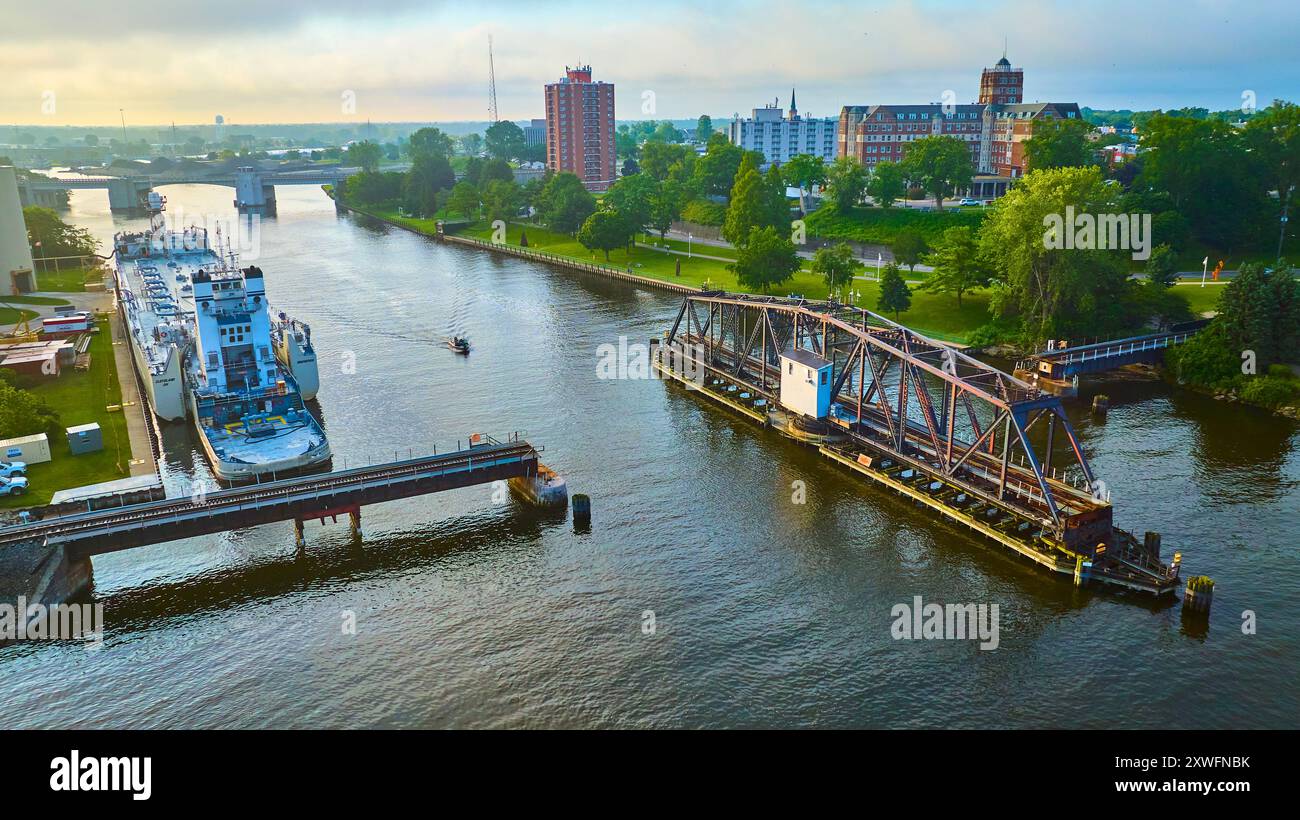 Aerial View of Cargo Ship Passing Through Raised Drawbridge and Locks ...