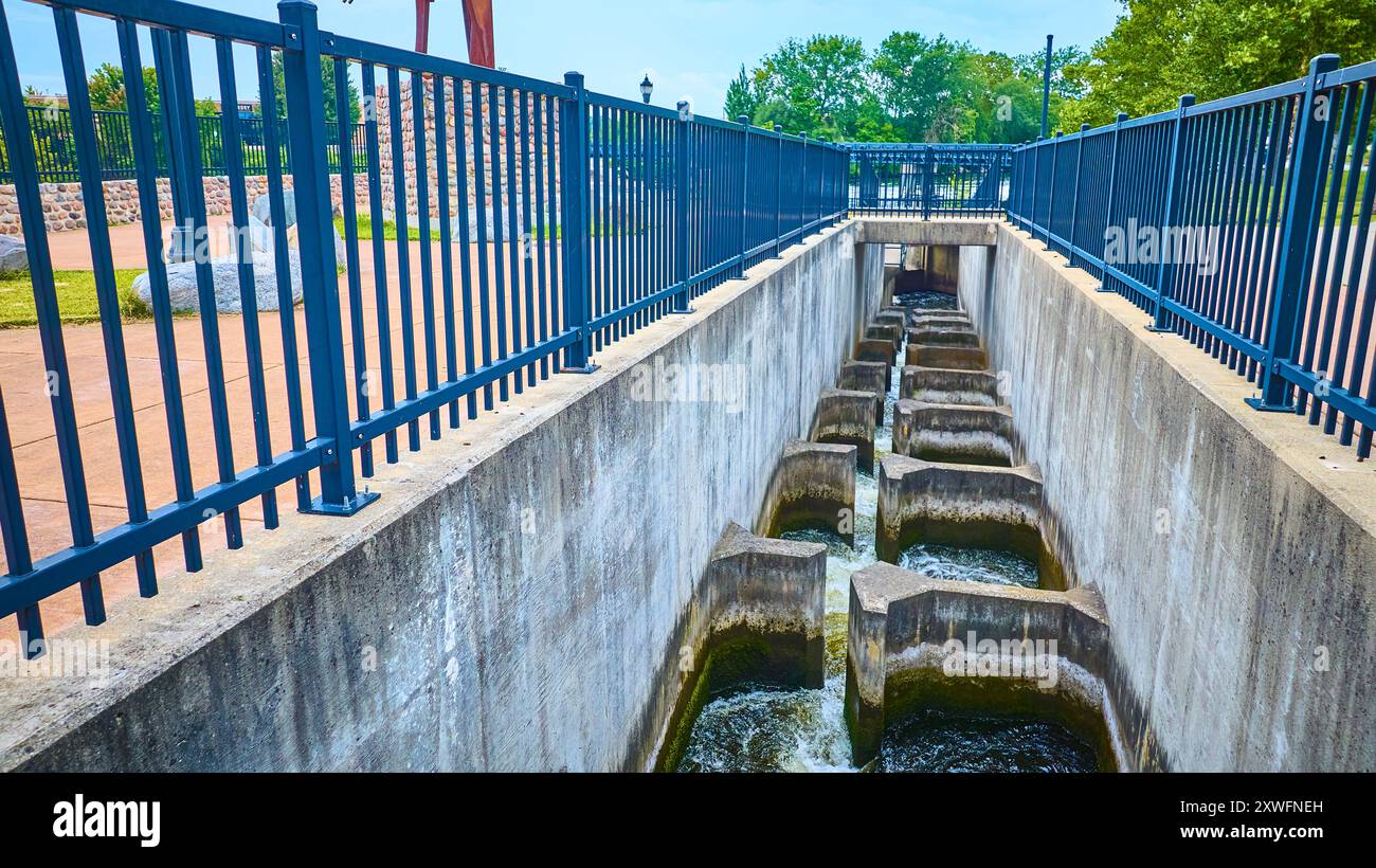 Aerial View of Concrete Fish Ladder in Park with Blue Railings Stock ...