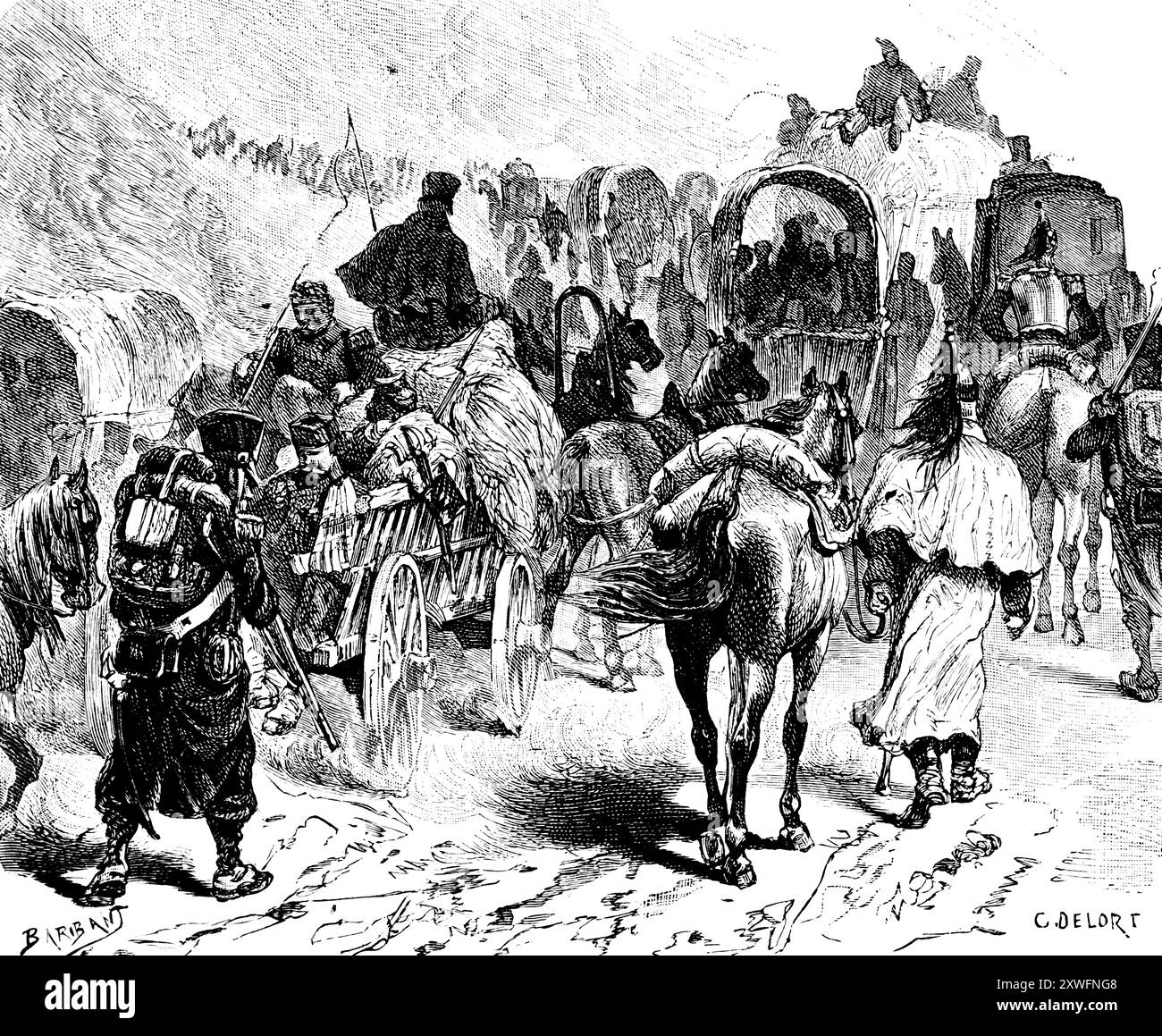 The diminished French army marching back west after the Russian ...