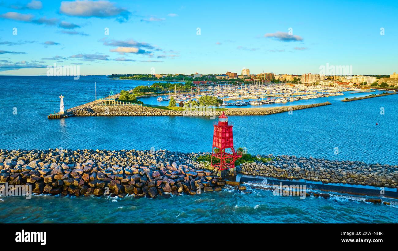 Aerial View of Racine Marina with Red Lighthouse and Sailboats Stock ...