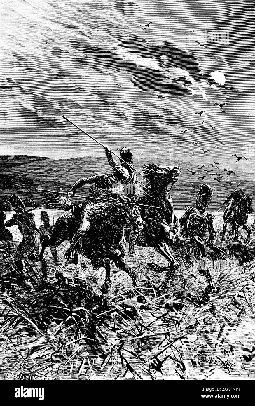 French soldiers surprised by the Cossacks, historical Illustration 1882 ...