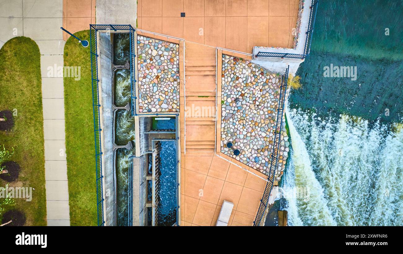 Aerial View of Water Management System and Fish Ladder in Urban Park ...