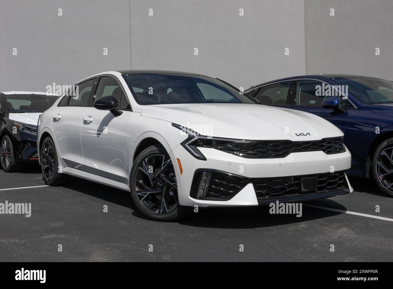 Avon - August 11, 2024: Kia K5 GT-Line display. Kia offers the K5 with ...