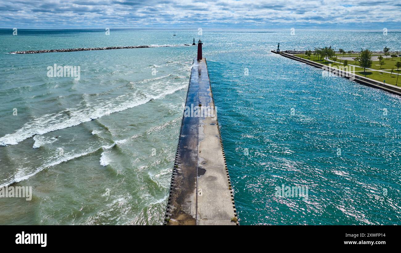 Aerial View of Kenosha Lighthouse Pier and Breakwater on Lake Michigan ...