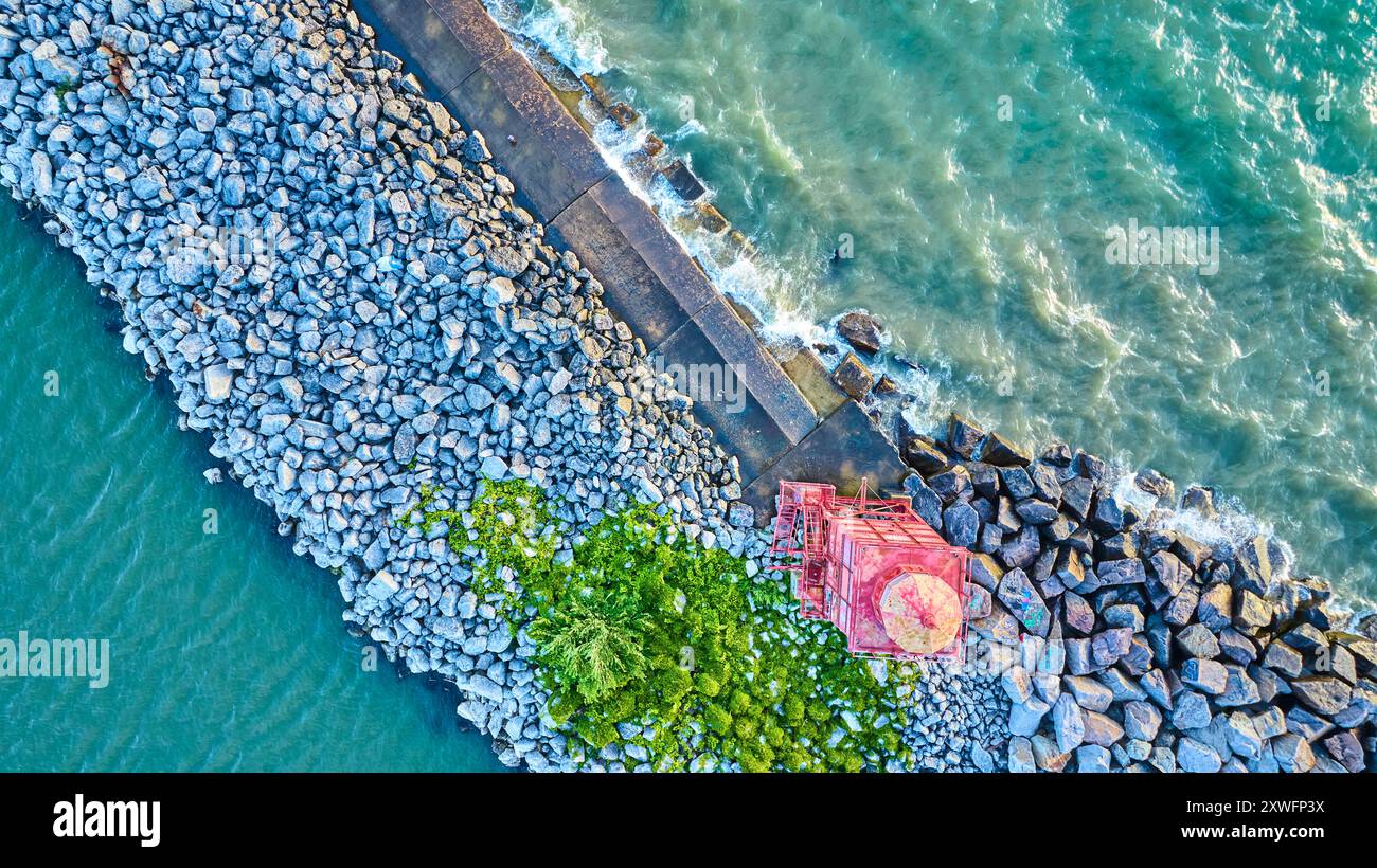 Aerial View of Racine Breakwater Lighthouse and Rocky Shoreline Stock ...