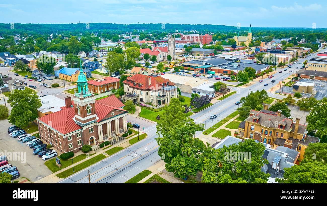 Aerial View of Historic Courthouse and Church in Mishawaka, Indiana ...