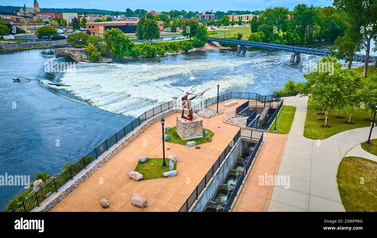 Aerial View of River Fish Ladder and Recirculating Current with Bird ...