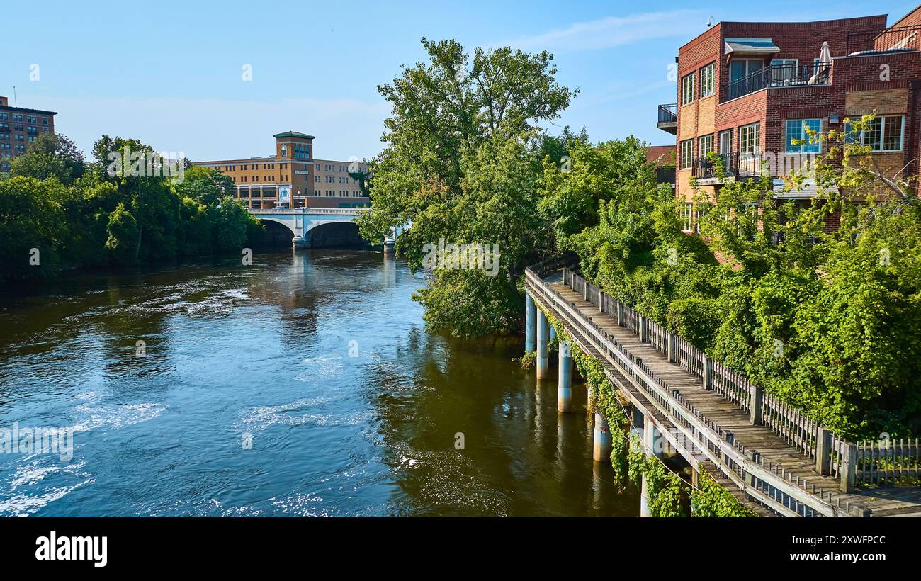 Aerial View of Urban Riverside with Bridge and Red Brick Building Stock ...