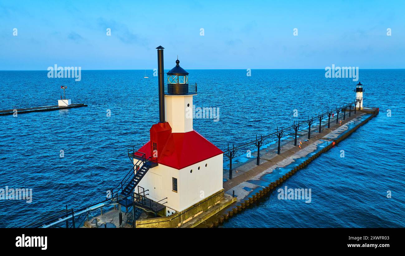 Aerial View of Twin Lighthouses on Tranquil Lake Michigan Pier Stock ...