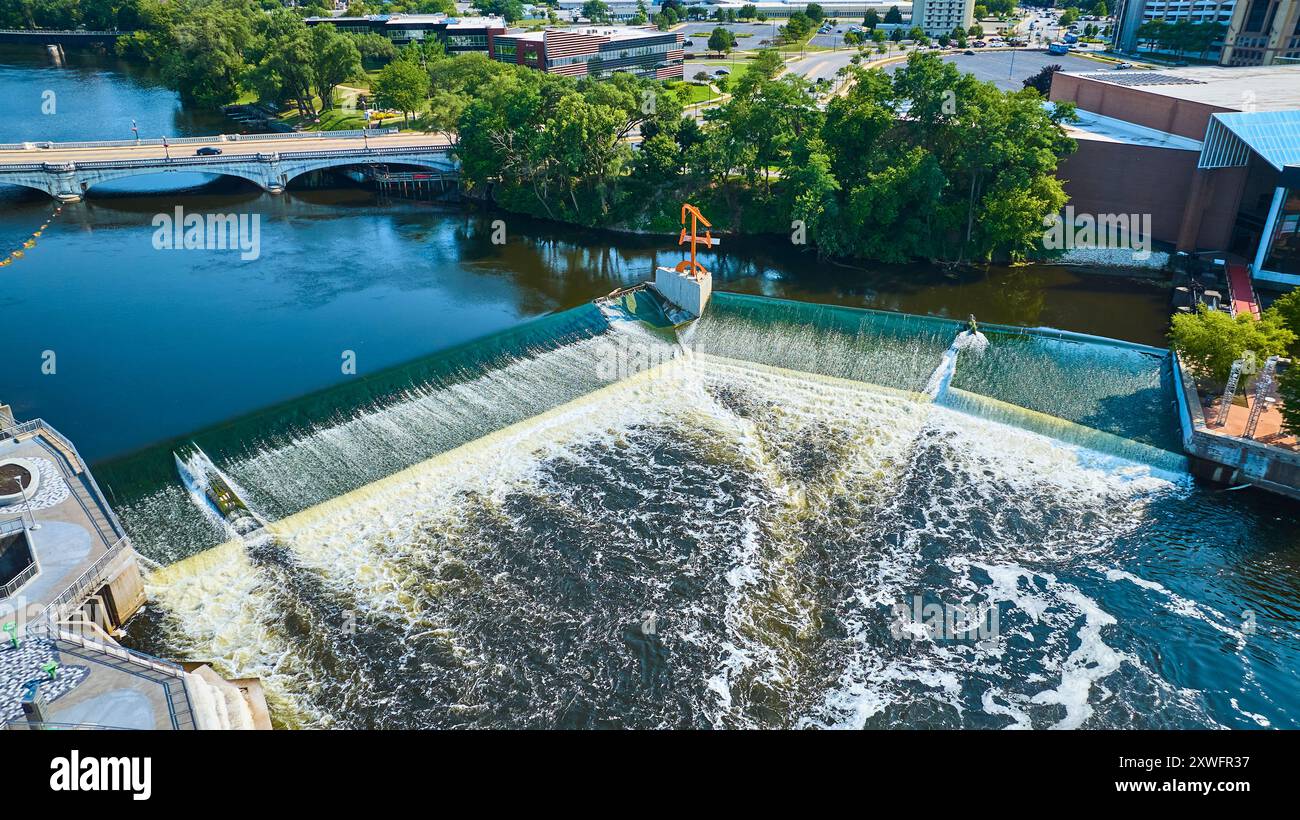 Aerial View of Urban Waterfall and Bridge in South Bend Stock Photo - Alamy