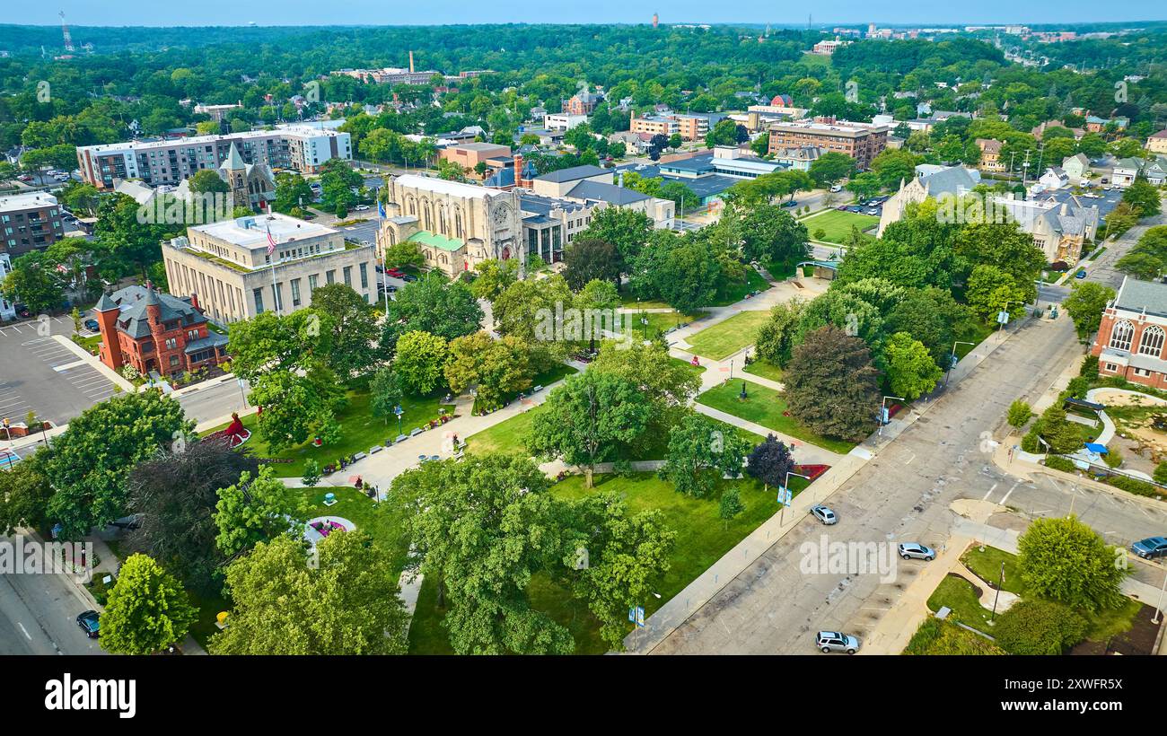 Aerial View of Bronson Park and Gothic Cathedral Downtown Kalamazoo ...