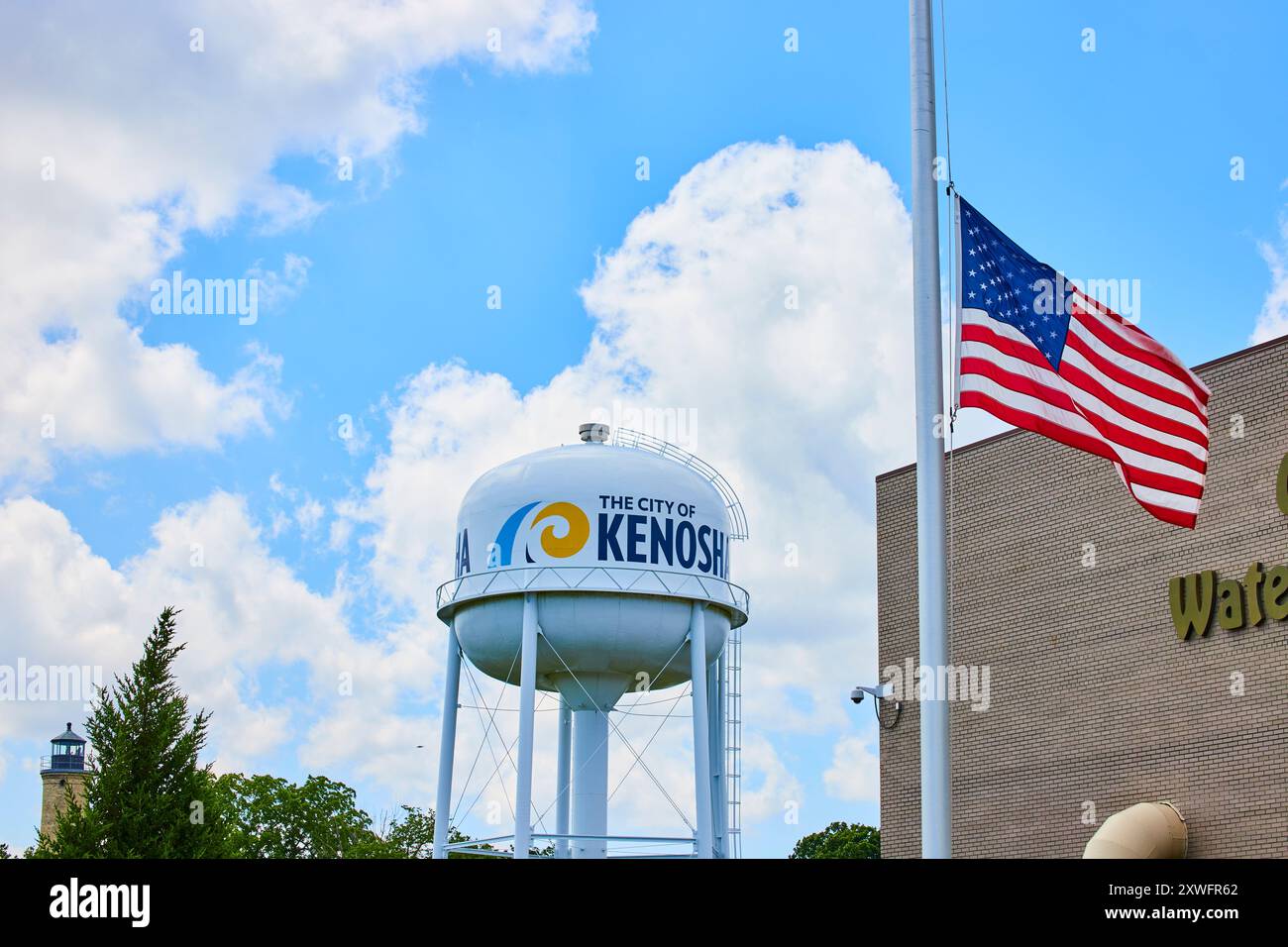 Kenosha Water Tower and American Flag with Lighthouse in Background ...