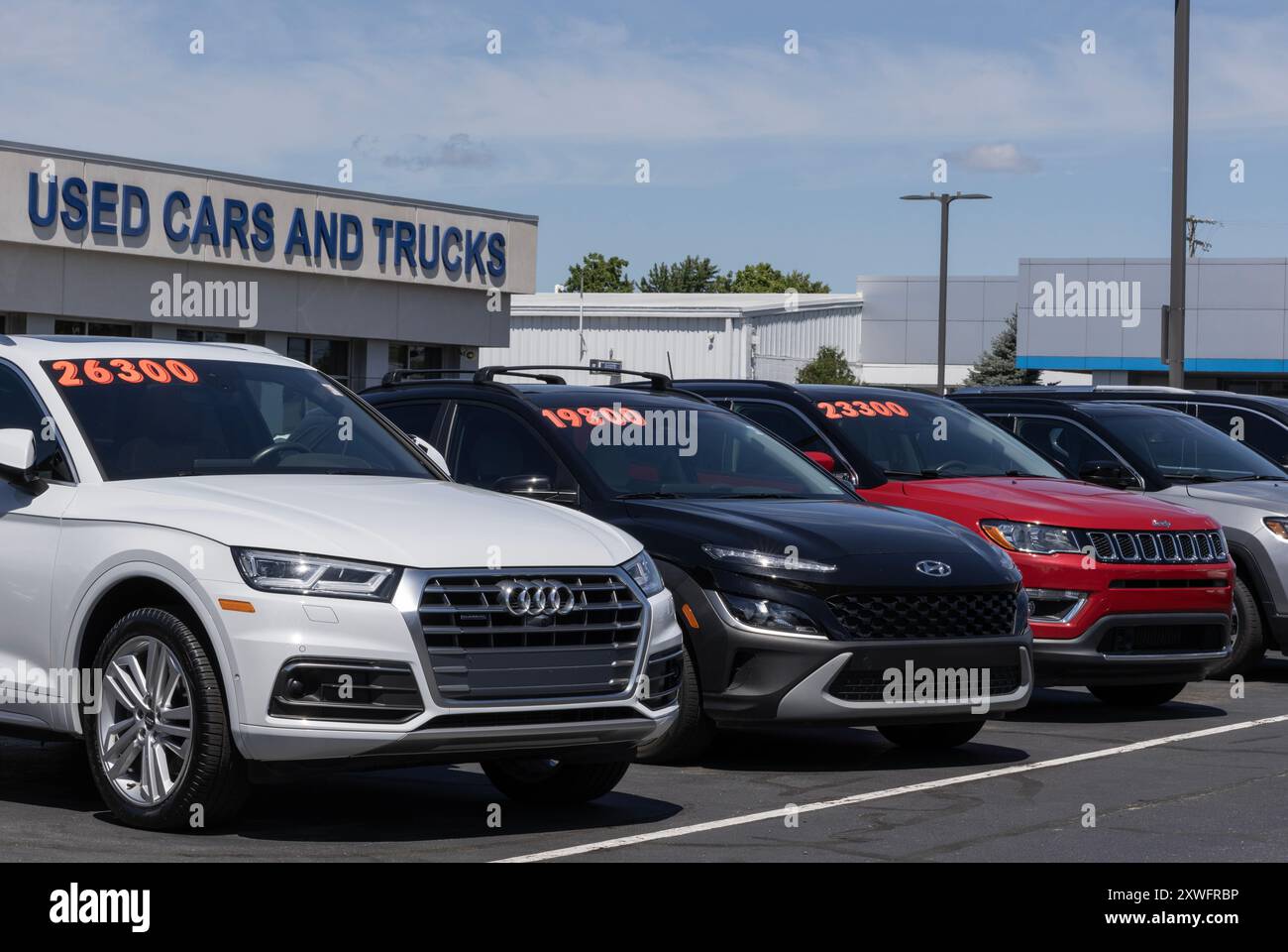 Lafayette - August 10, 2024: Used car display at a dealership. With ...