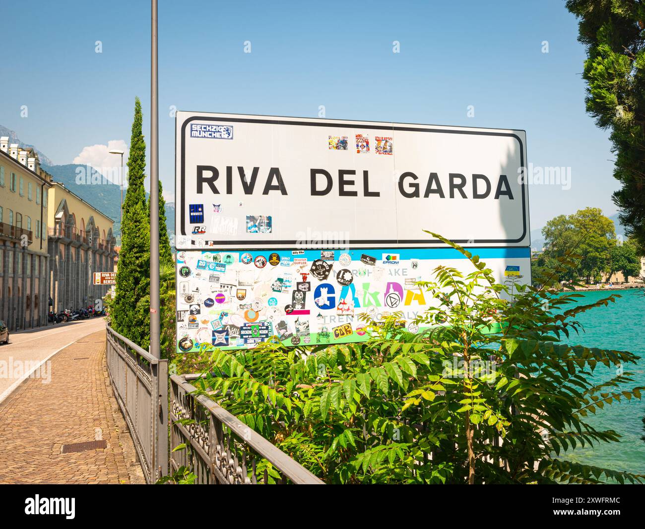 Location sign of the touristic old town of Riva del Garda at the ...