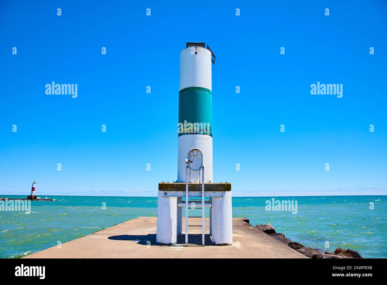 Marine Navigation Buoy and Beacon on Concrete Pier at Lake Michigan Eye ...