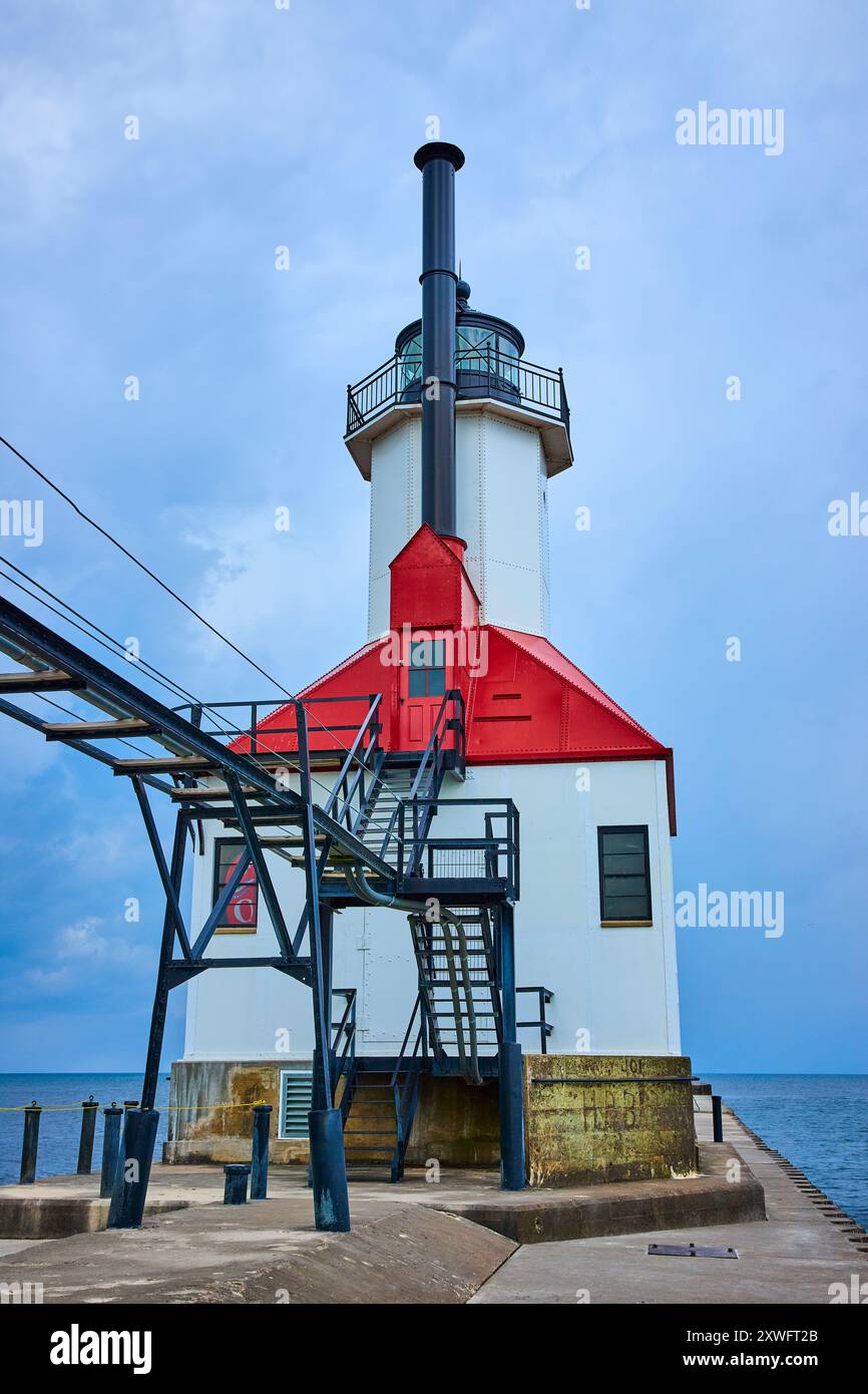 Red and White Lighthouse on Concrete Pier with Calm Waters - Eye-Level ...
