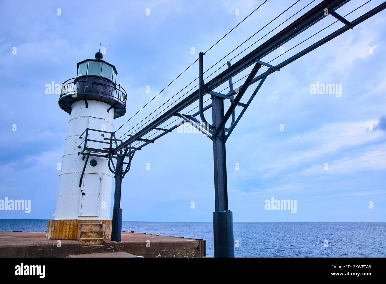 Benton Harbor Lighthouse and Pier Head Structures Under Blue Sky Stock ...