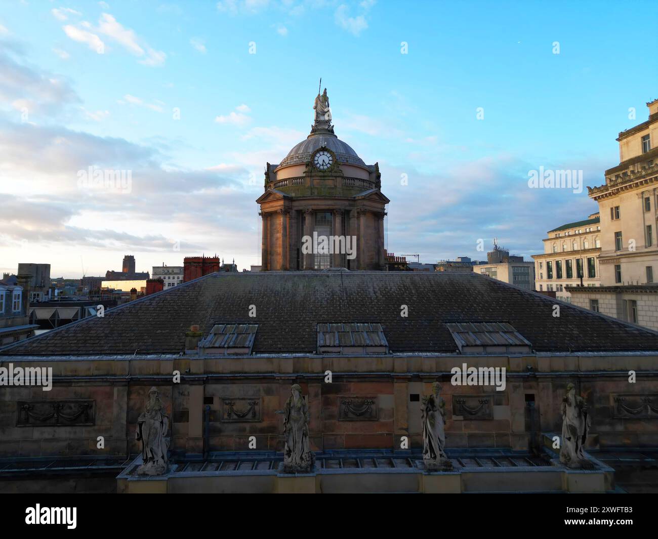 Elevated drone view looking over the rear of Liverpool Town Hall from ...