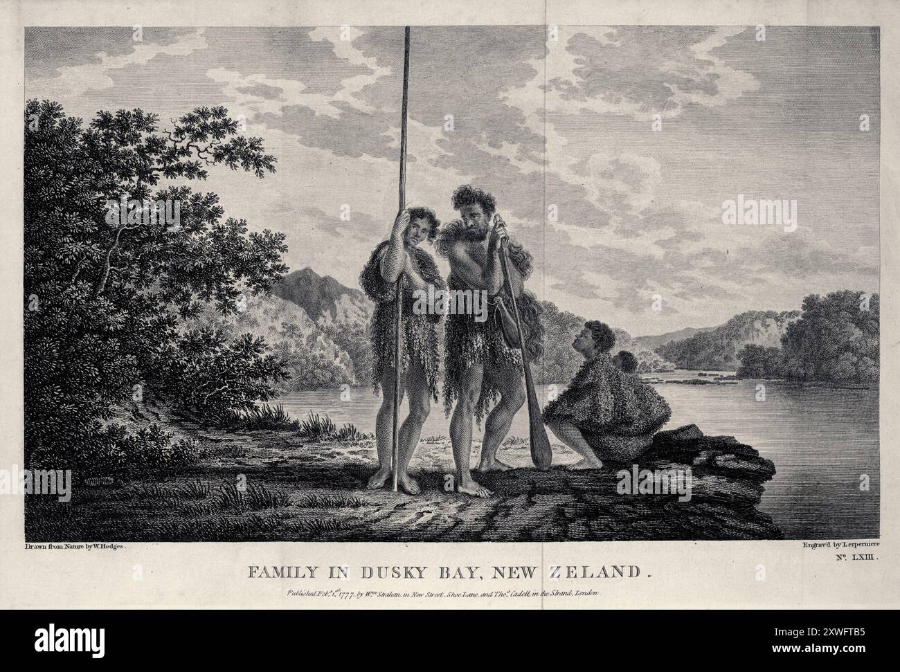 vintage engraving "Family in Dusky Bay, New Zealand", featuring a ...