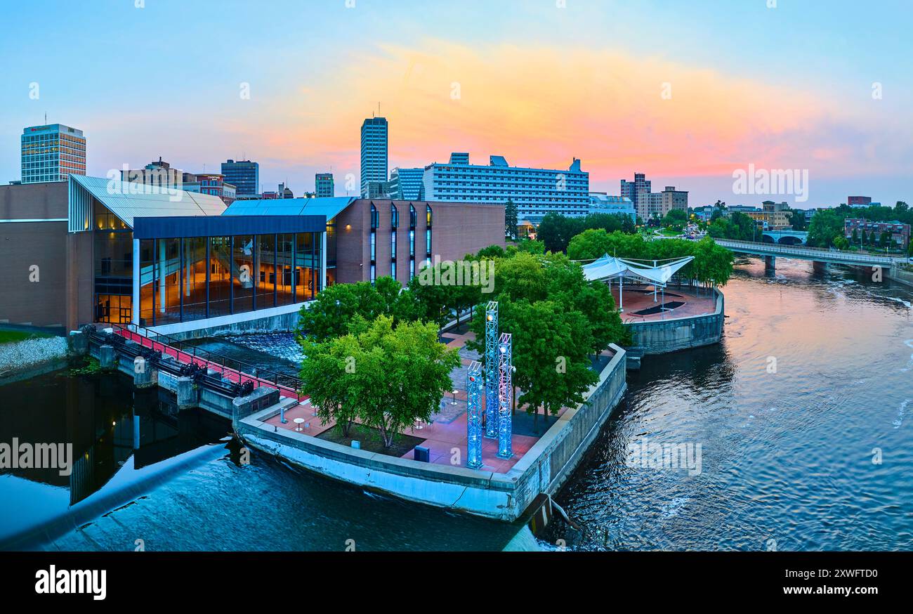Aerial View of South Bend Riverfront at Sunset with Modern Architecture ...