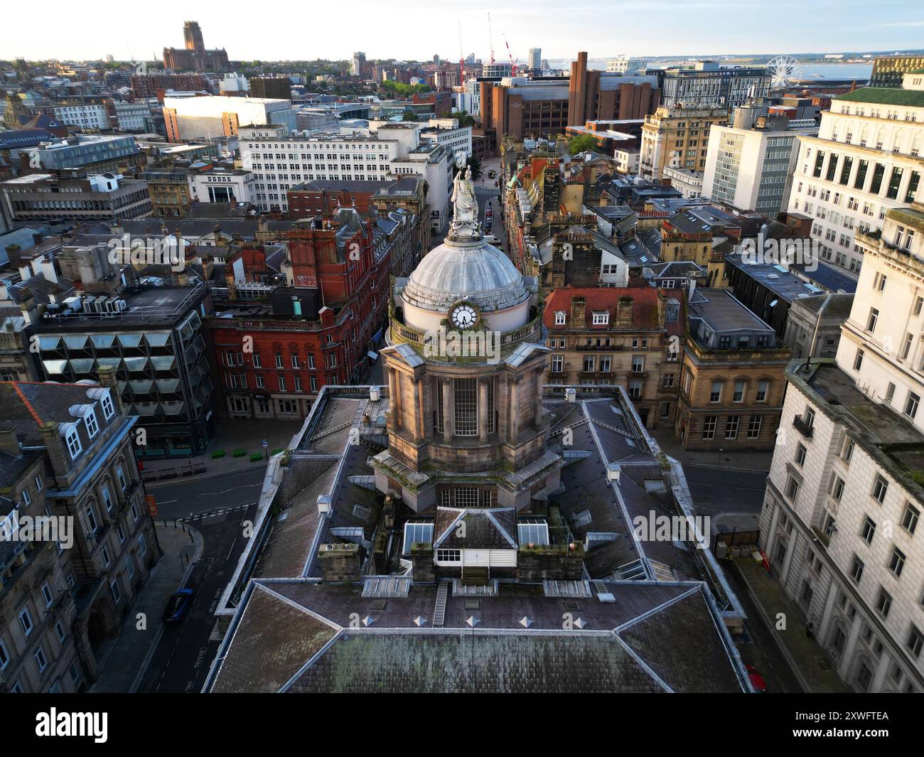Elevated drone view looking over the rear of Liverpool Town Hall from ...